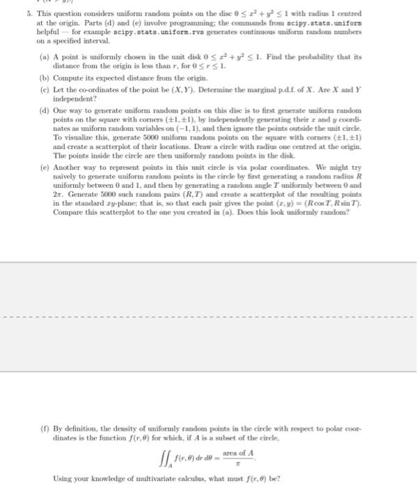 Solved 5. This question considers uniform random points on | Chegg.com