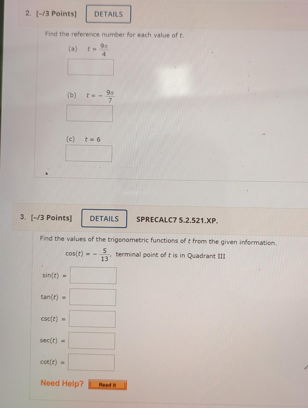 Solved Find the reference number for each value of t. (a) | Chegg.com