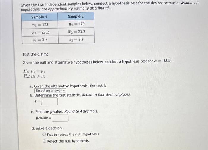 Solved Given the two independent samples below, conduct a | Chegg.com