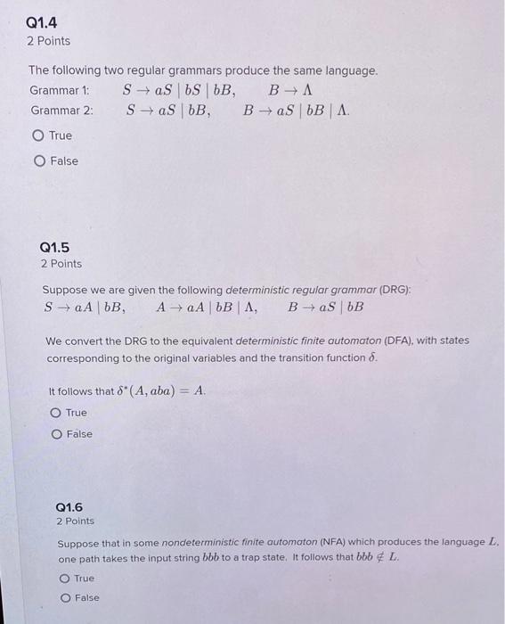 Solved Q1.4 2 Points The following two regular grammars | Chegg.com