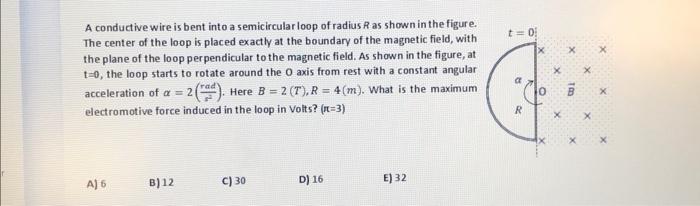 Solved A conductive wire is bent into a semicircular loop of | Chegg.com