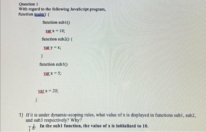 Solved I think that the sub1() value of x is 10, the sub2() | Chegg.com