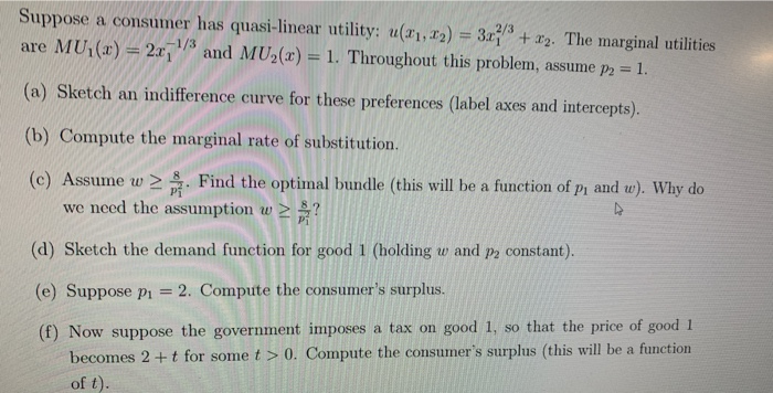 Solved Suppose a consumer has quasi-linear utility: :21, 12) | Chegg.com