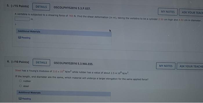 Solved 5. (-/15 Points DETAILS OSCOLPHYS2016 5.3.P.037. MY | Chegg.com Solved 5. (-/15 Points DETAILS OSCOLPHYS2016 5.3.P.037. MY | Chegg.com
