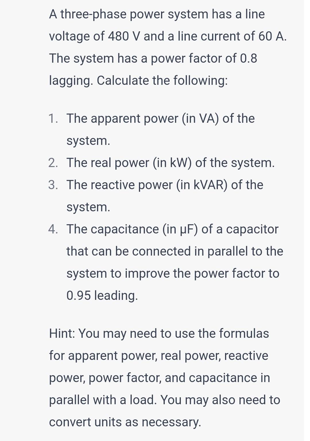 Solved A three-phase power system has a line voltage of 480 | Chegg.com