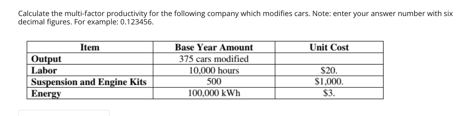Solved Calculate the multi-factor productivity for the | Chegg.com