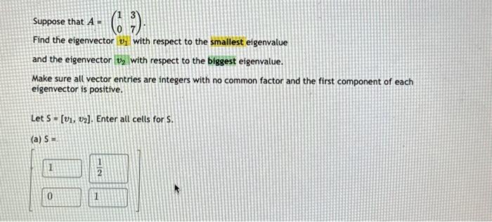 Solved Suppose that A=(1037). Find the eigenvector with | Chegg.com