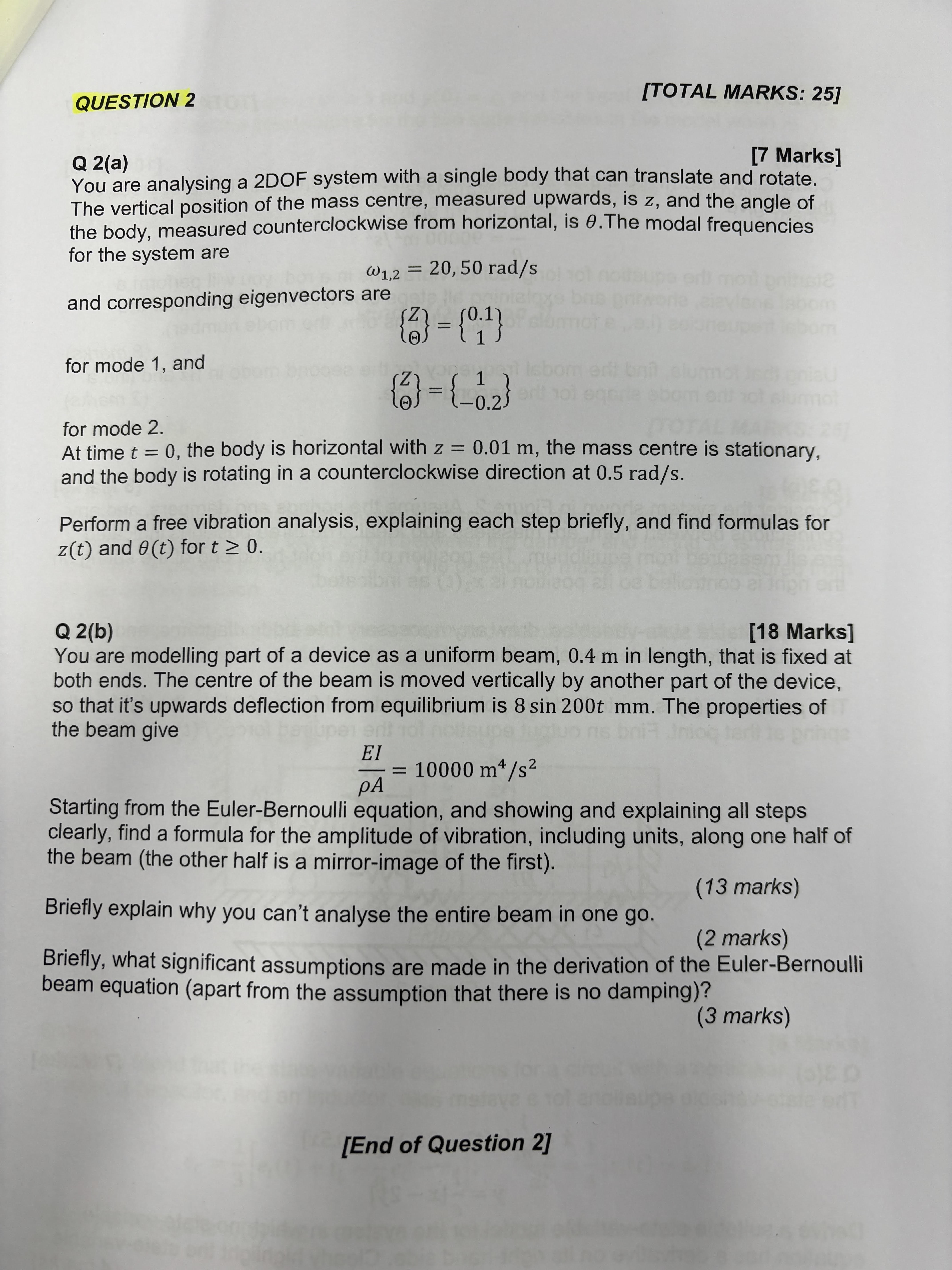 Solved QUESTION 2Q 2(a)You are analysing a 2DOF system with | Chegg.com