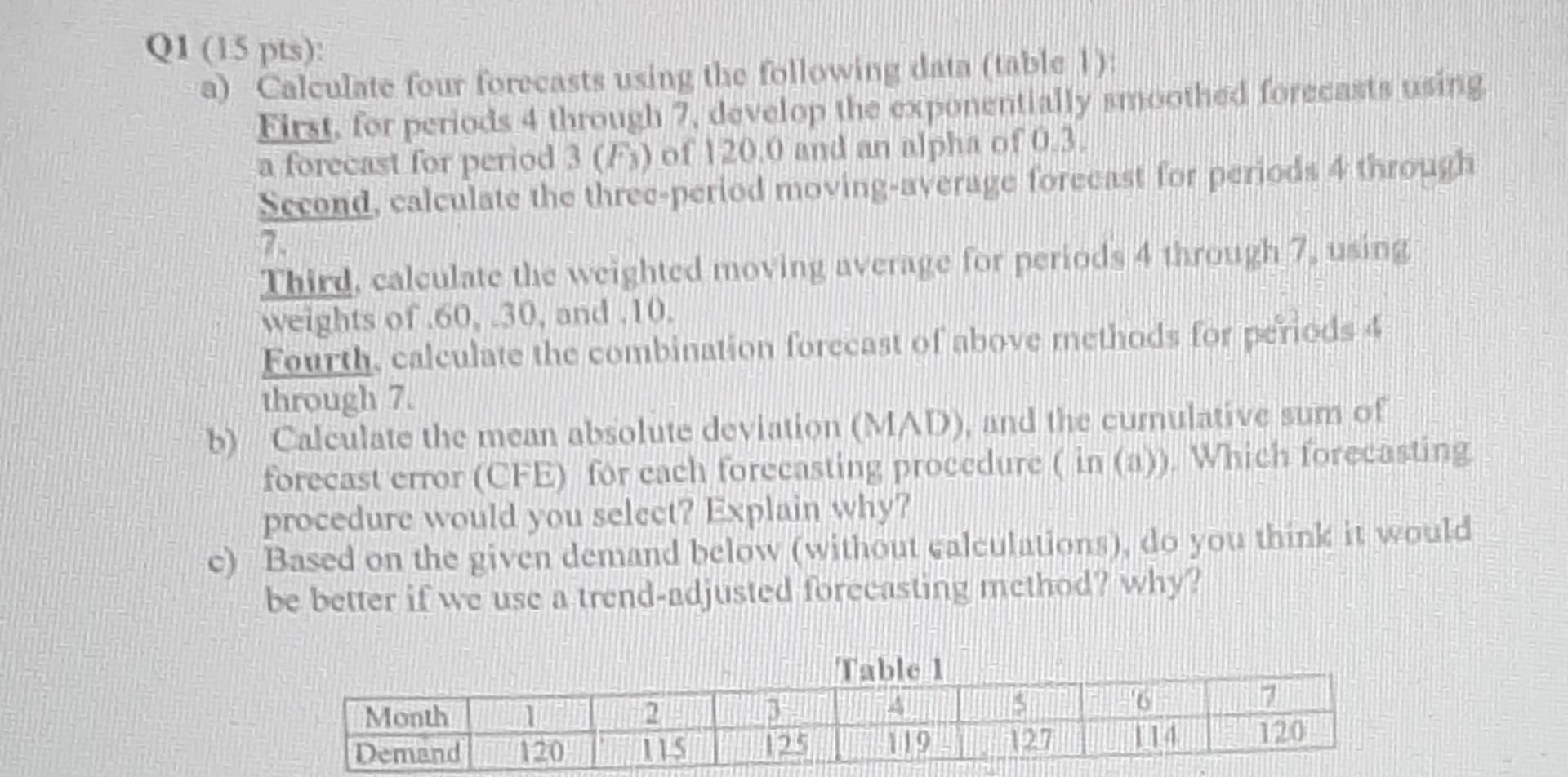 Solved 01 (15 pts): a) Calculate four forecasts using the | Chegg.com