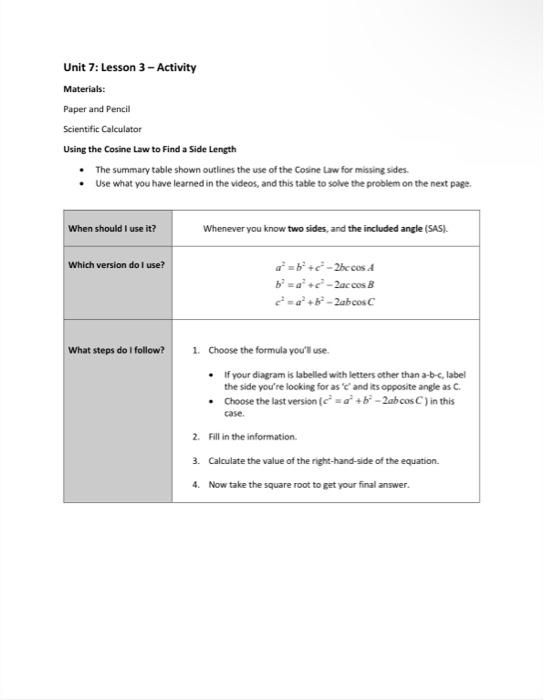 Solved Unit 7: Lesson 3-Activity Materials: Paper and Pencil | Chegg.com