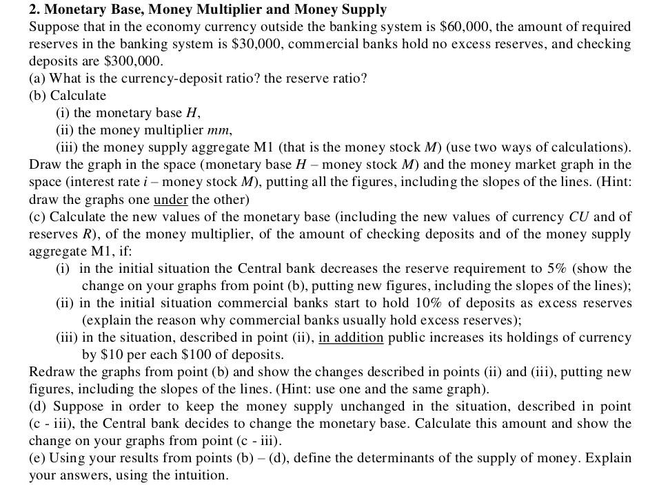 Solved 2. Monetary Base, Money Multiplier and Money Supply | Chegg.com