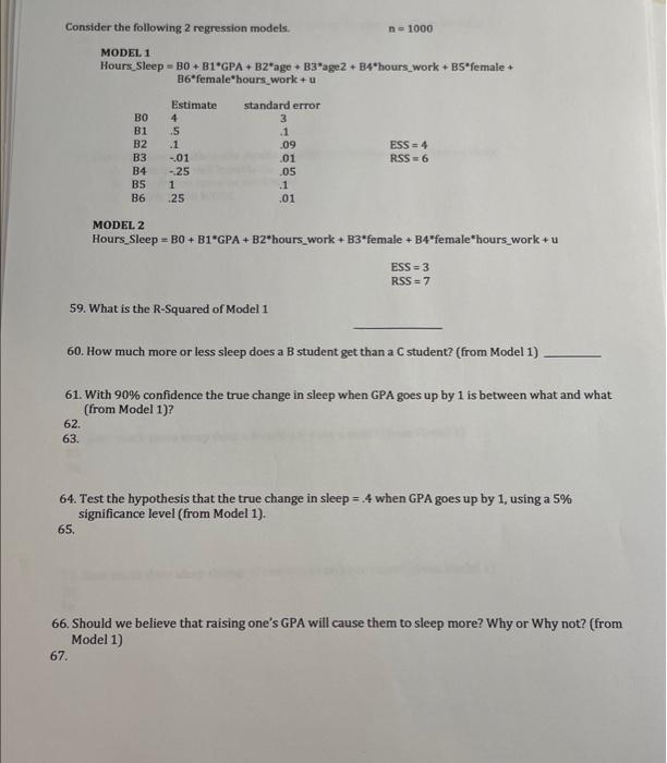 Solved Consider the following 2 regression models. n=1000 | Chegg.com