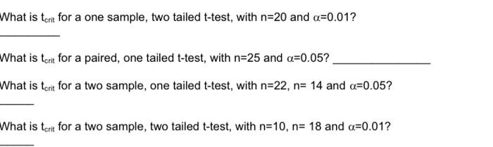 Solved What is tcrit for a one sample, two tailed t-test, | Chegg.com