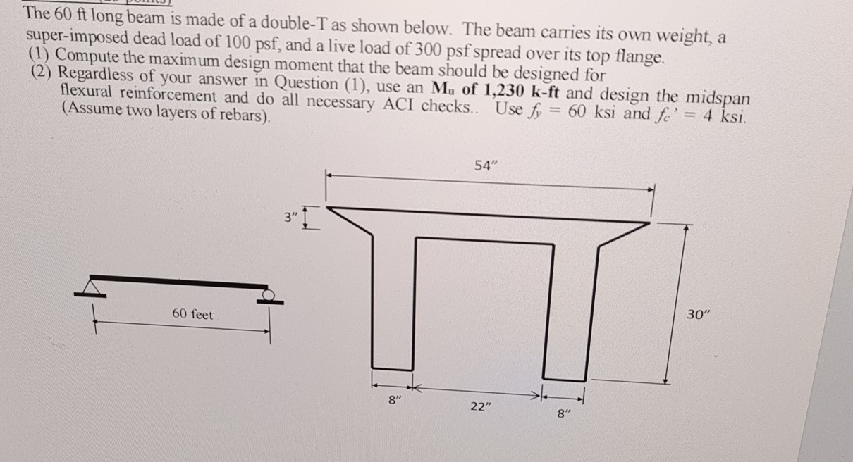Solved The 60 ﻿ft long beam is made of a double-T as shown | Chegg.com