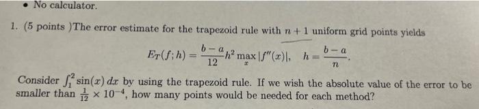 Solved 1. (5 points )The error estimate for the trapezoid | Chegg.com