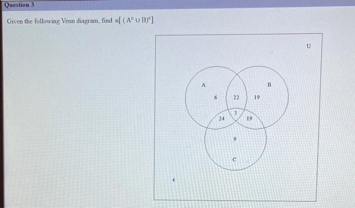 Solved Given the following Venn diagram, find n[(Ac∪B)c] | Chegg.com