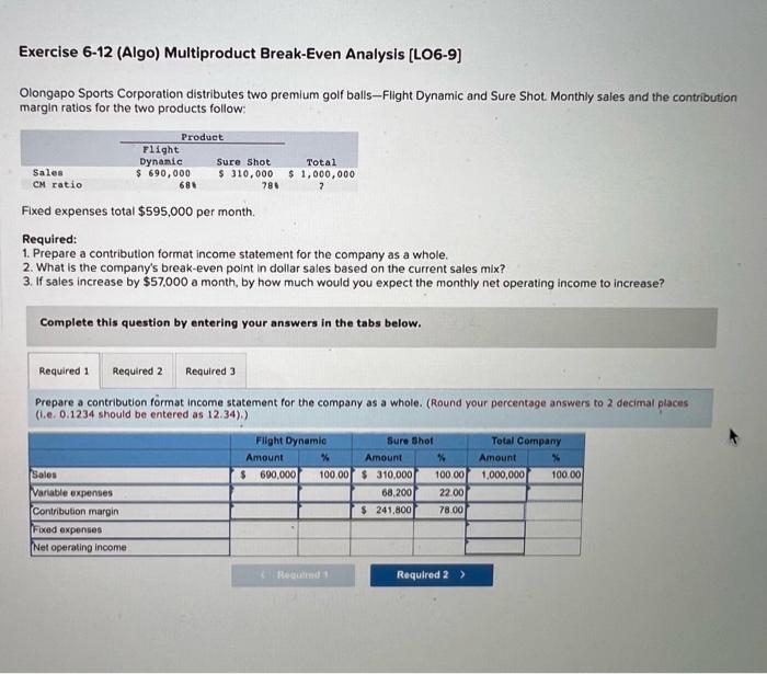 Solved Exercise 6-12 (Algo) Multiproduct Break-Even Analysis | Chegg.com