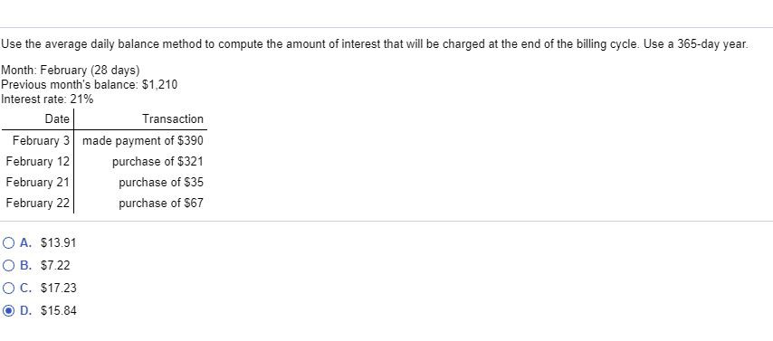 Solved Use the average daily balance method to compute the | Chegg.com