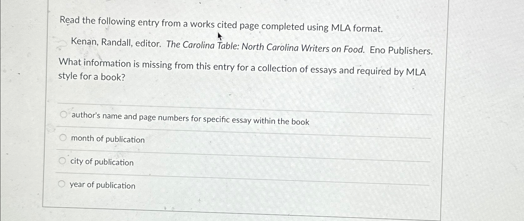 Solved Read the following entry from a works cited page | Chegg.com