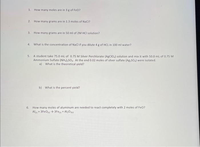 Solved 1. How many moles are in 3 g of FeO? 2. How many | Chegg.com