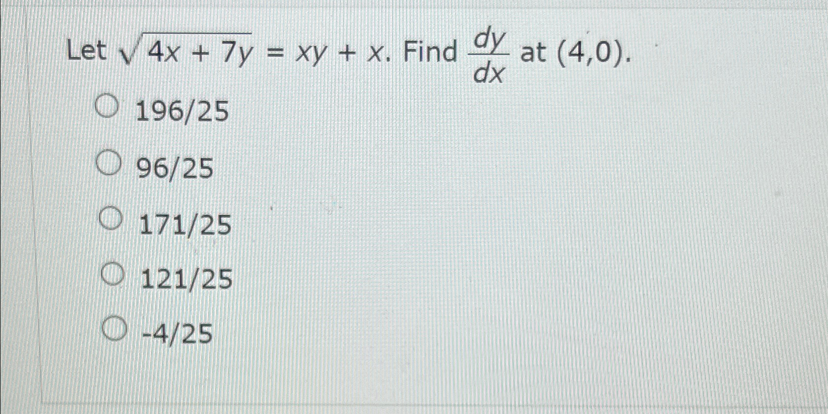 Solved Let 4x+7y2=xy+x. ﻿Find dydx ﻿at | Chegg.com
