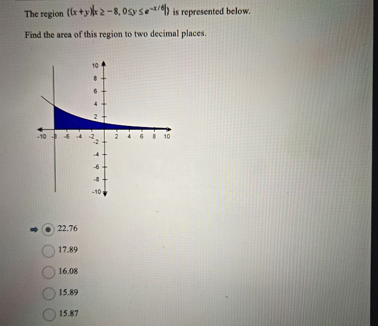 Solved The region {(x+y)|x≥-8,0≤y≤e-x6} ﻿is represented | Chegg.com