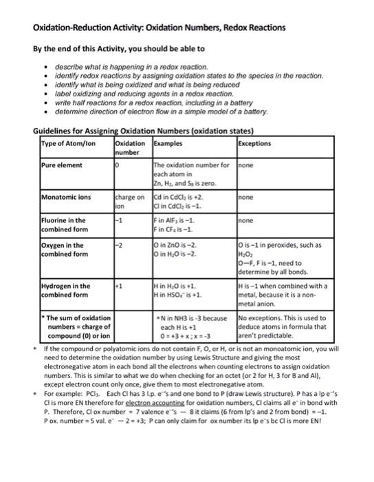 Solved Oxidation-Reduction Activity: Oxidation Numbers, | Chegg.com