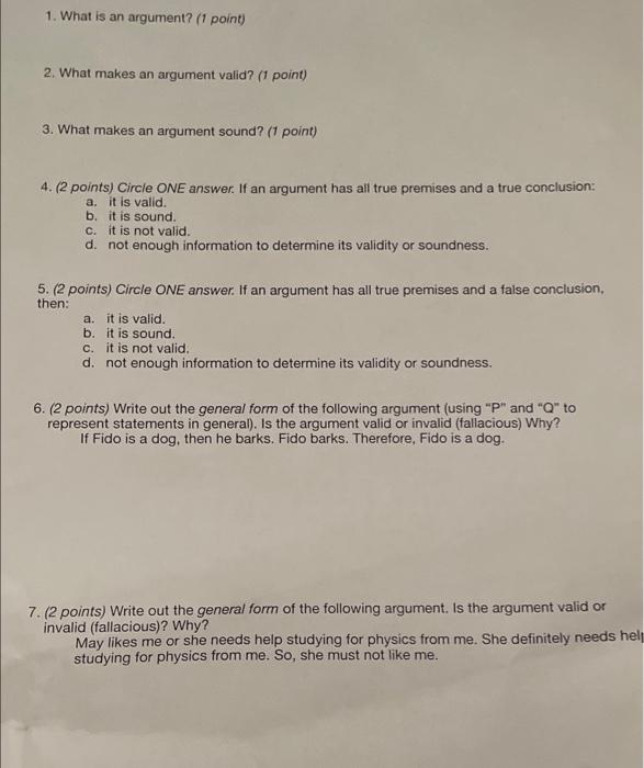 Solved 1. What is an argument? (1 point) 2. What makes an | Chegg.com