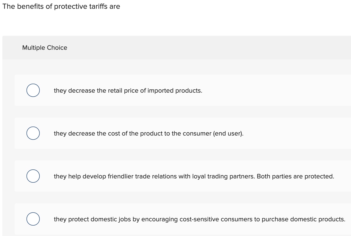 Solved The benefits of protective tariffs areMultiple | Chegg.com