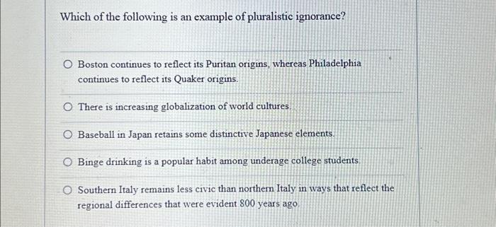 Solved Which of the following is an example of pluralistic | Chegg.com