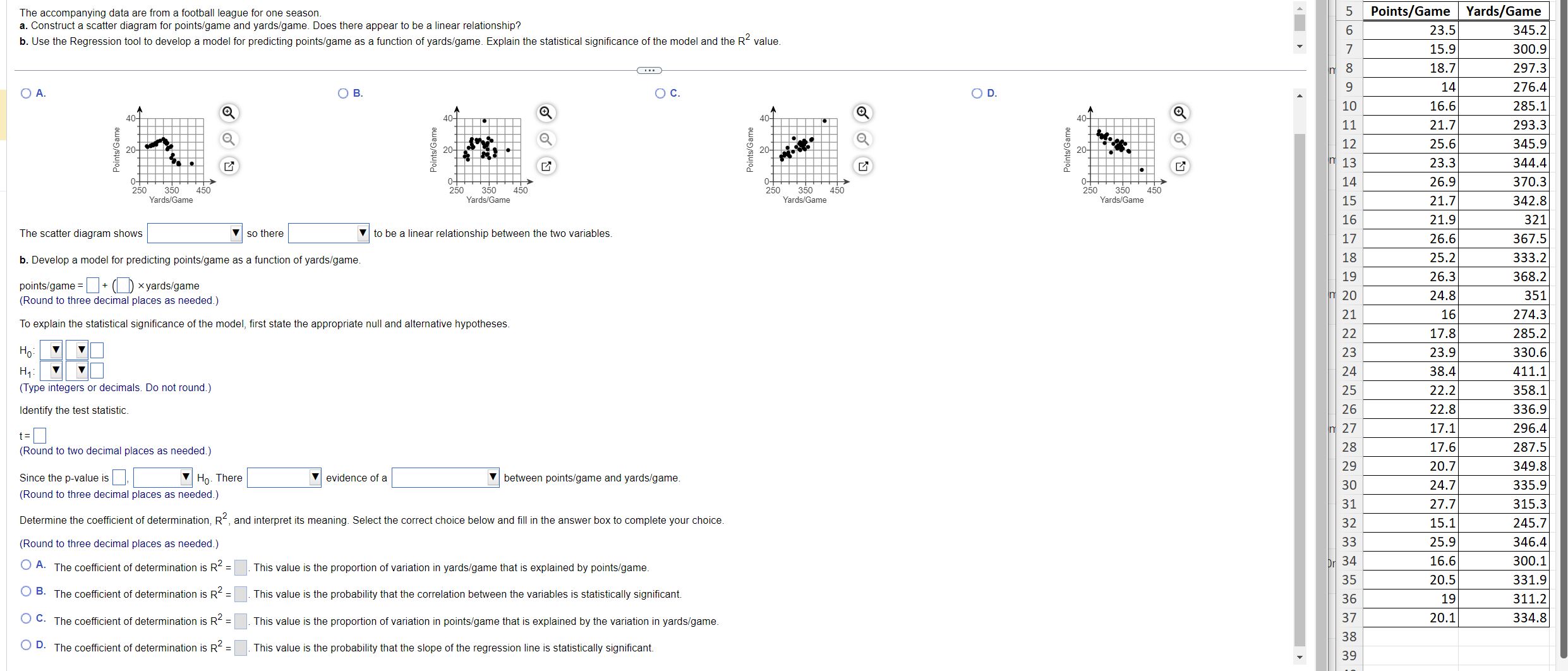 Solved The accompanying data are from a football league for | Chegg.com