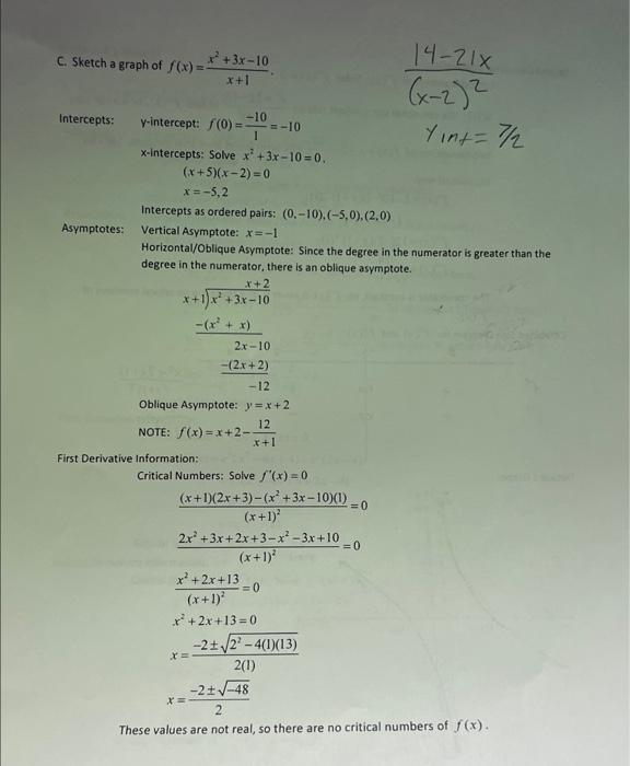 Solved C Sketch A Graph Of F X X 1x2 3x−10 X−2 214−21x
