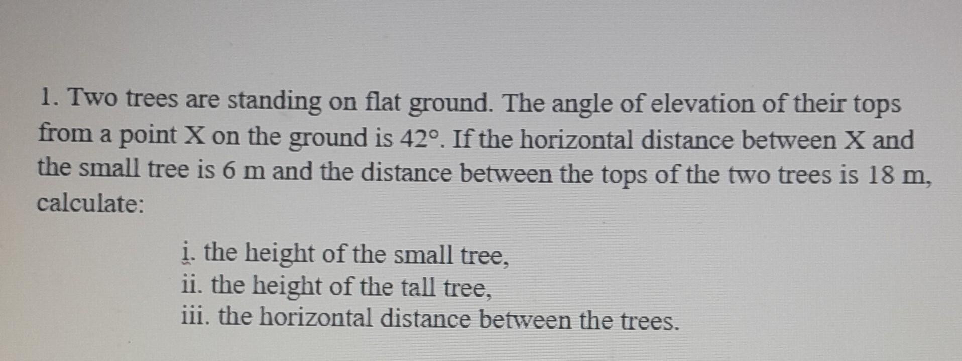 Solved 1. Two trees are standing on flat ground. The angle | Chegg.com