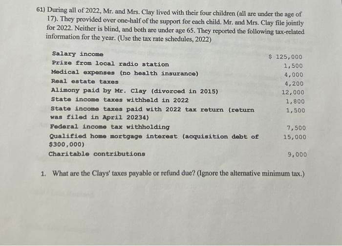 Solved 61) During all of 2022, Mr. and Mrs. Clay lived with | Chegg.com