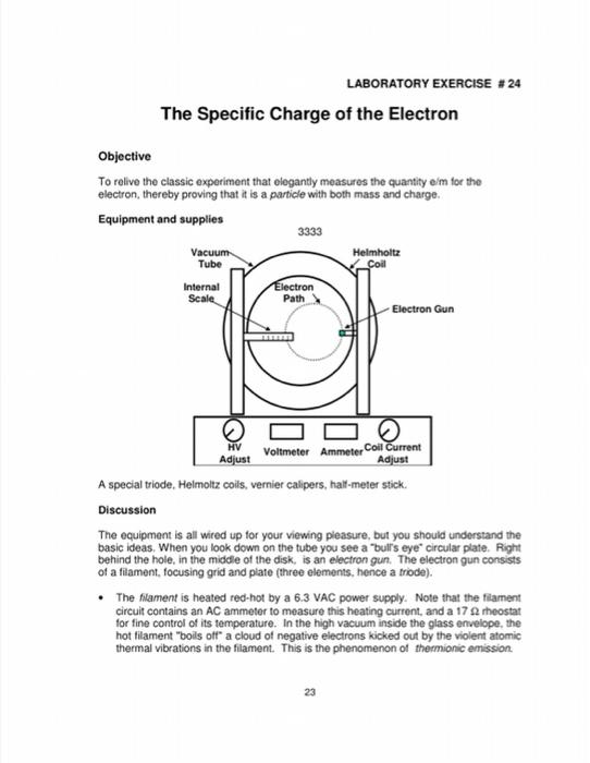 LABORATORY EXERCISE #24 The Specific Charge of the | Chegg.com