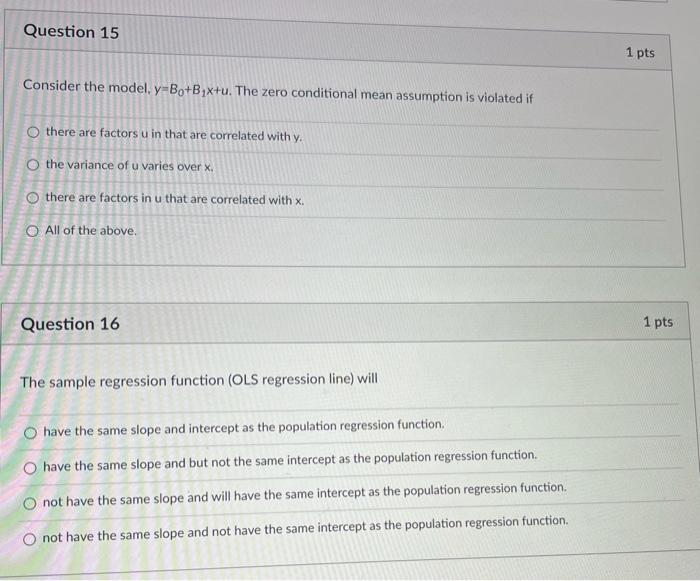 Solved Consider the model, y=B0+B1x+u. The zero conditional | Chegg.com