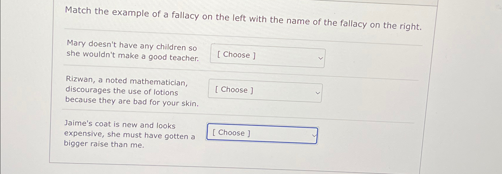 Solved Match the example of a fallacy on the left with the | Chegg.com