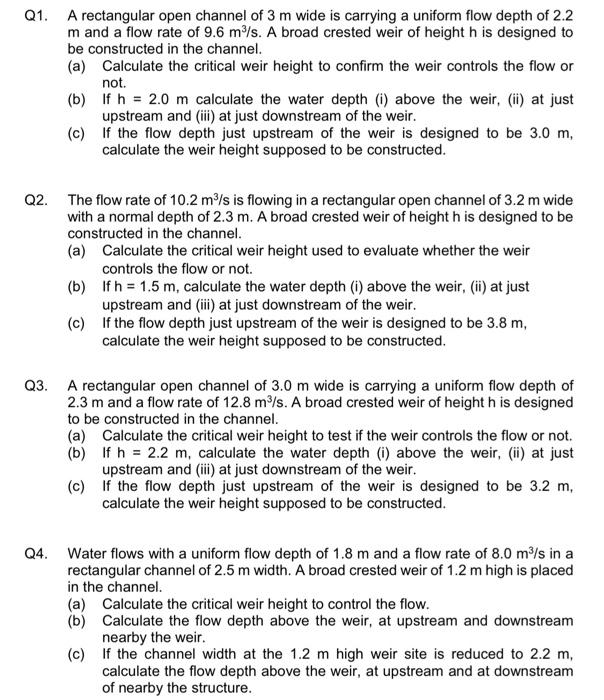 Solved Q1. A rectangular open channel of 3 m wide is | Chegg.com