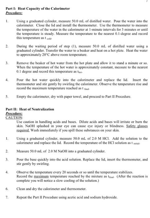 Solved Part 1: Heat Capacity of the Calorimeter Procedure: | Chegg.com