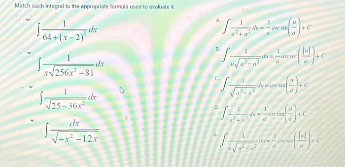 Solved Match each integral to the appropriate formula used | Chegg.com