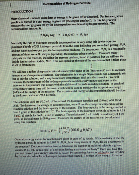 Decomposition of Hydrogen peroxide INTRODUCTION Many | Chegg.com