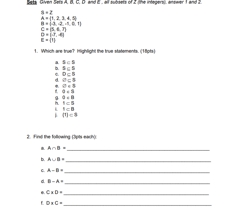 Solved Sets Given Sets A,B,C,D and E, all subsets of Z (the | Chegg.com
