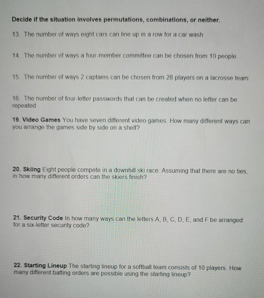 Solved Decide if the situation involves permutations, | Chegg.com