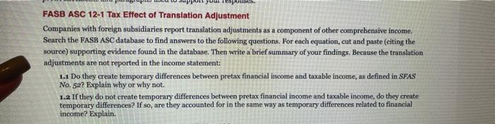 Solved FASB ASC 12-1 Tax Effect of Translation Adjustment | Chegg.com
