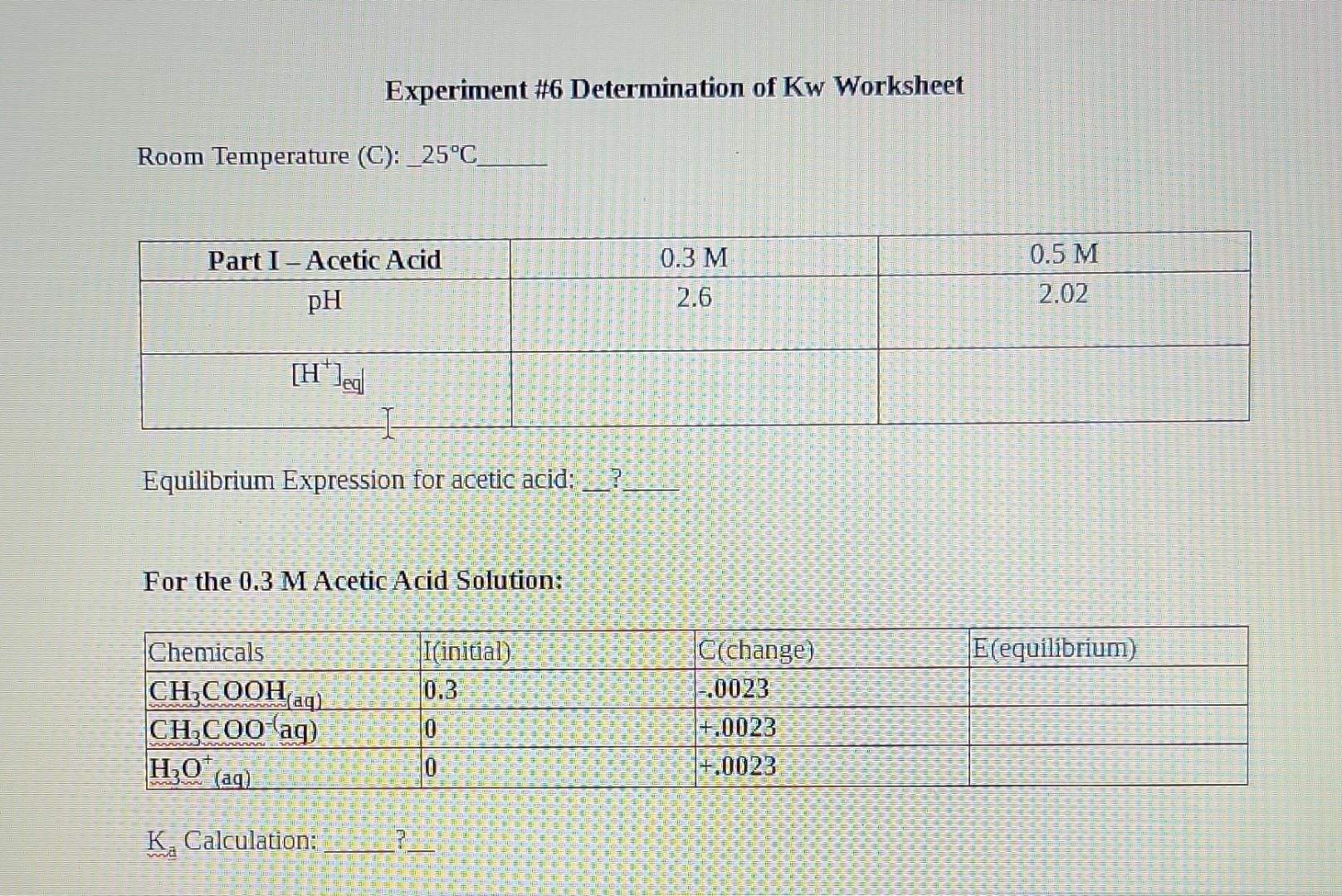 Solved Experiment \#6 Determination of Kw Worksheet Room | Chegg.com
