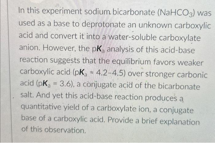 Solved In this experiment sodium bicarbonate (NaHCO3) was | Chegg.com