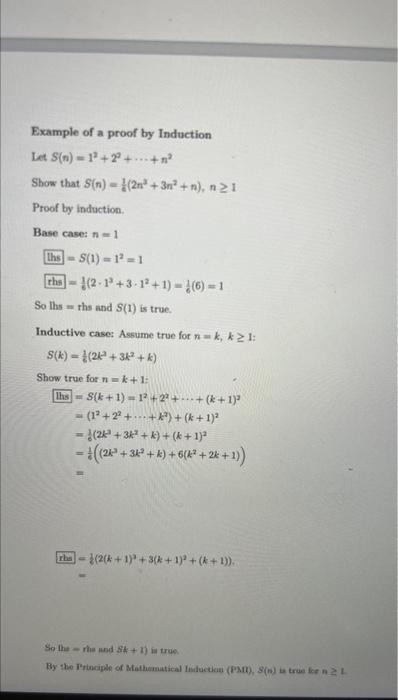 Example of a proof by Induction Let S(n)=12+22+⋯+n2 | Chegg.com Example of a proof by Induction Let S(n)=12+22+⋯+n2 | Chegg.com