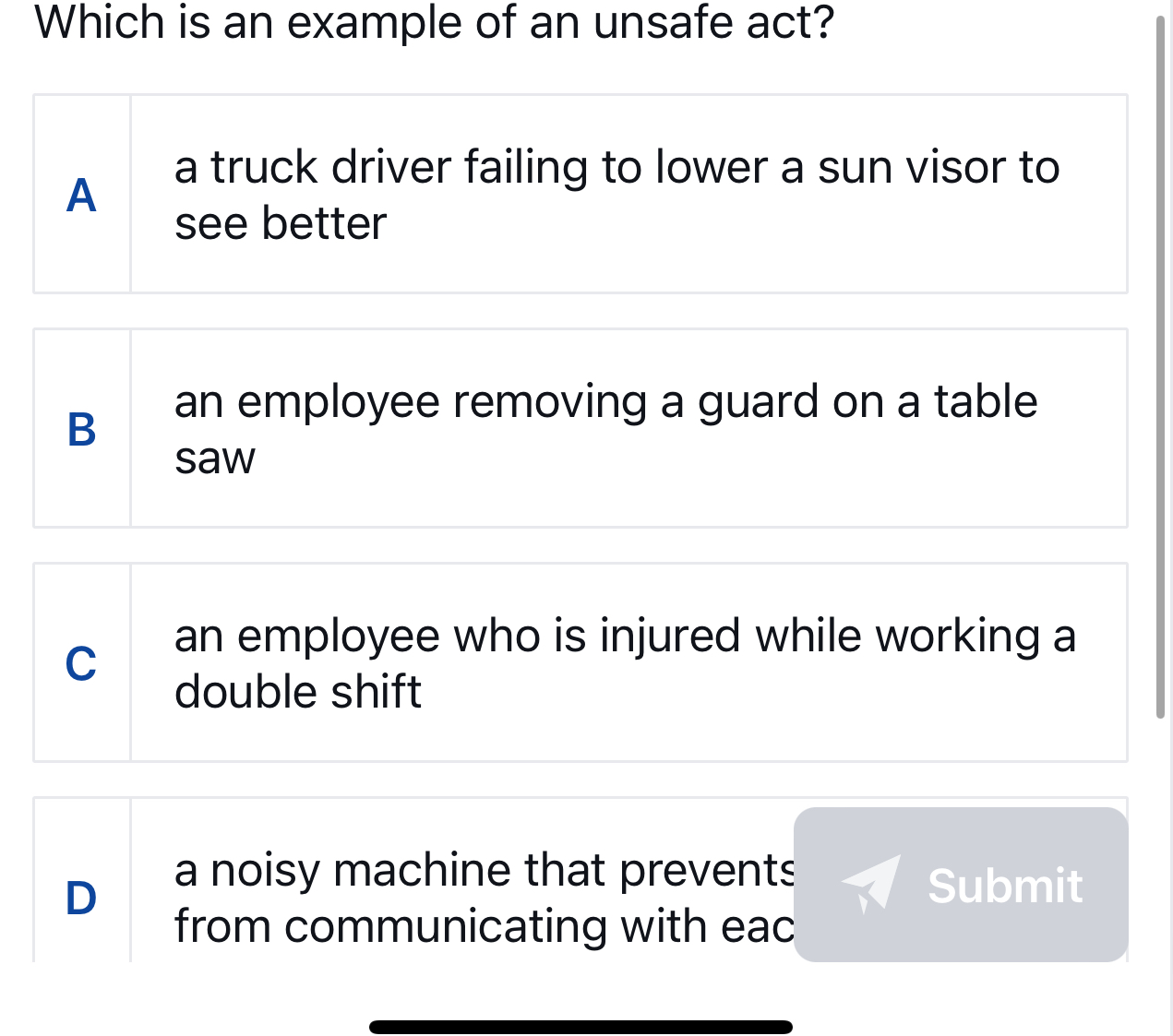 Solved Which is an example of an unsafe act?A a truck driver | Chegg.com