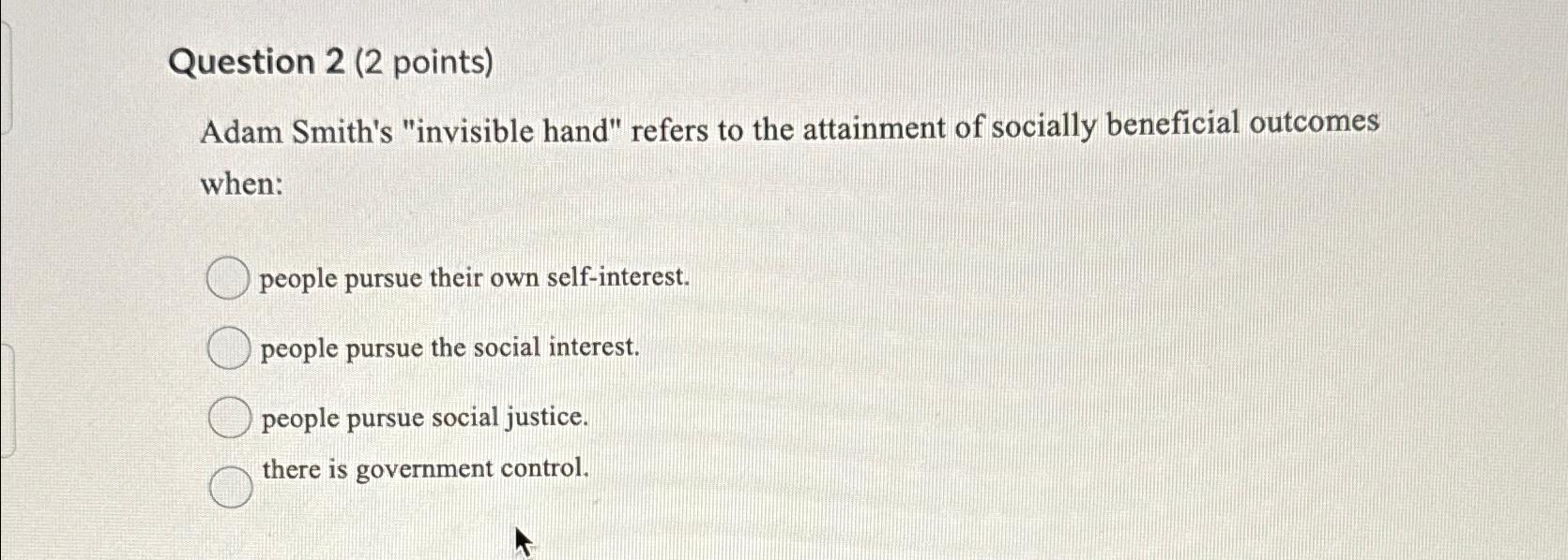 Solved Question 2 (2 ﻿points)Adam Smith's "invisible hand" | Chegg.com