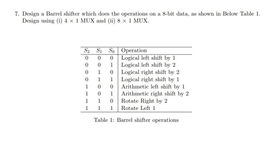 Solved 7. Design a Barrel shifter which does the operations | Chegg.com